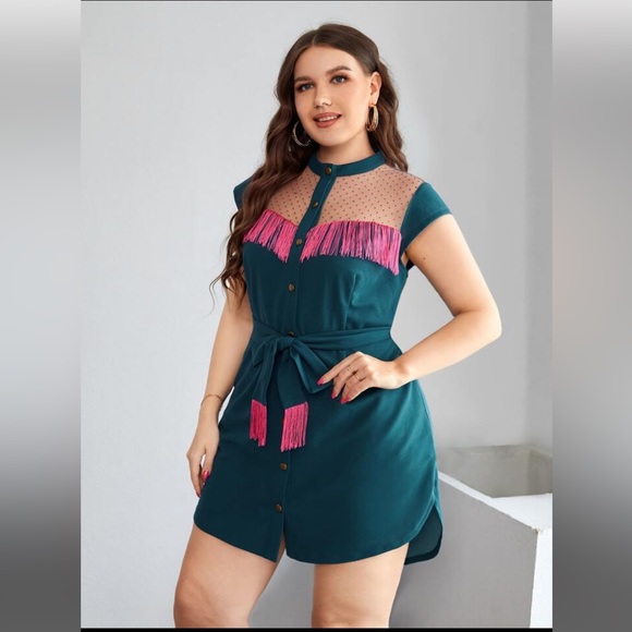 Dresses | Dobby Mesh Insert Fringe Trim High Low Hem Belted Dress Brand ...